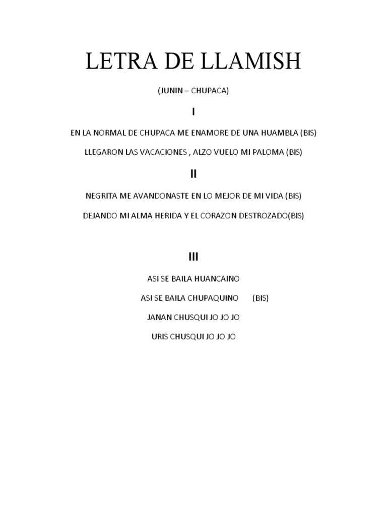 Letra de la Danza Llamish de Chupaca | PDF