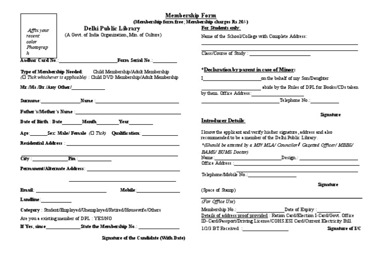 Delhi Public Library Membership Form | PDF | Government And Personhood