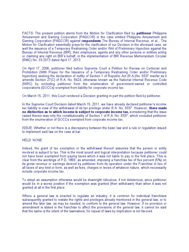PAGCOR vs. BIR, G.R. No. 215427 December 10, 2014 | PDF | Taxes | Gambling