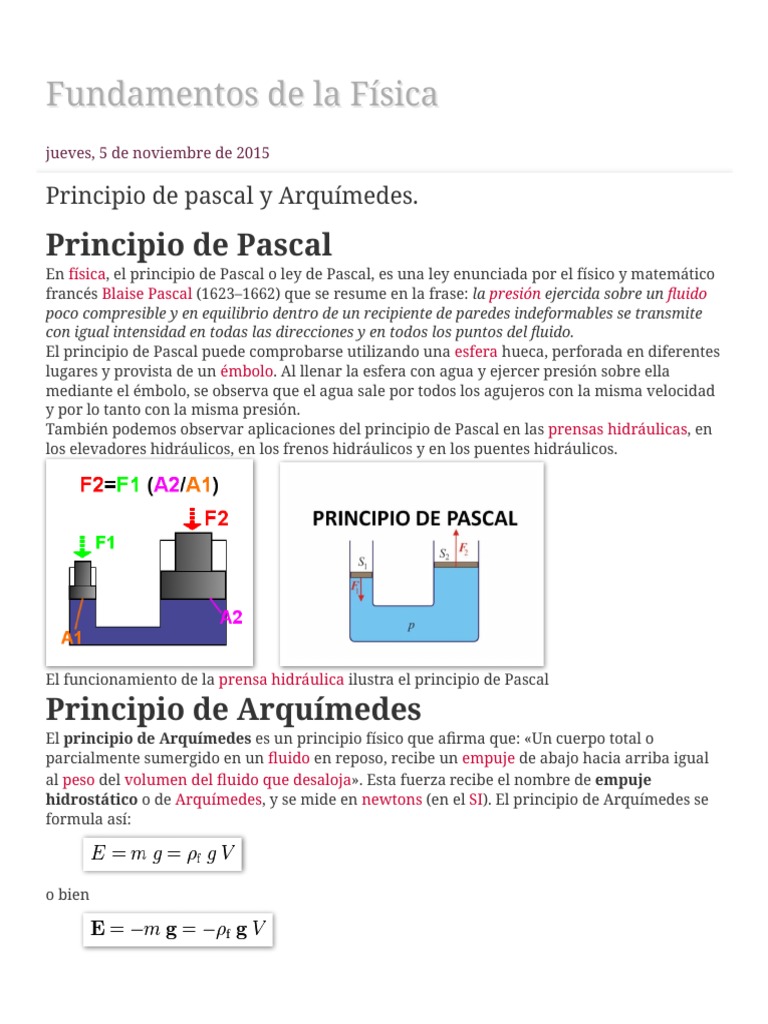 Fundamentos de La Física - Principio de Pascal y Arquímedes. | PDF | Dinámica (Mecánica) | Líquidos