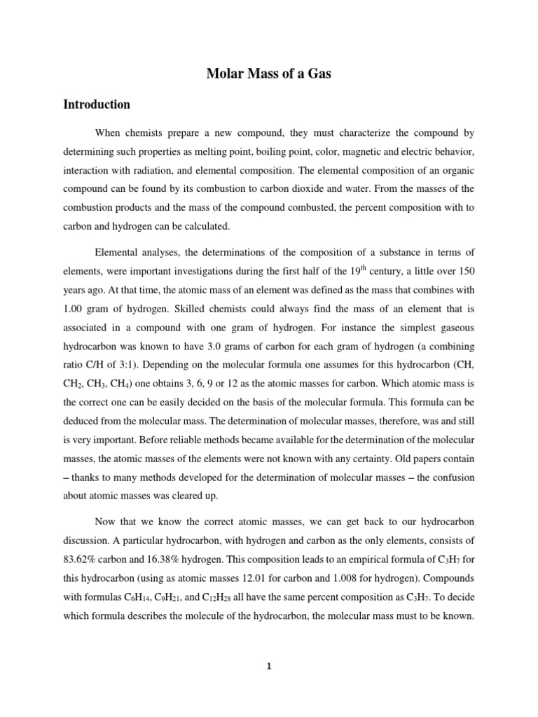 Molar Mass Determination of Gases | PDF | Molecules | Gases