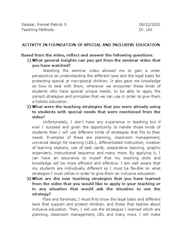 Activity #1 For ProfEd FTC4 | PDF | Inclusion (Education) | Differentiated Instruction