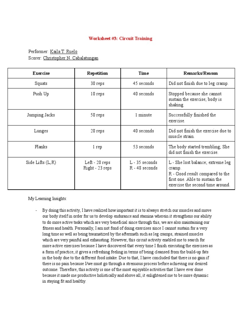 Exercise Repetition Time Remarks/Reason: Worksheet #3: Circuit Training ...