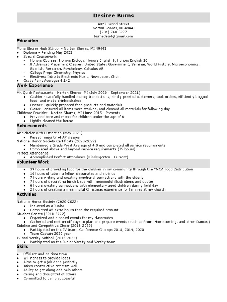 Desiree Burns Resume | PDF | Advanced Placement