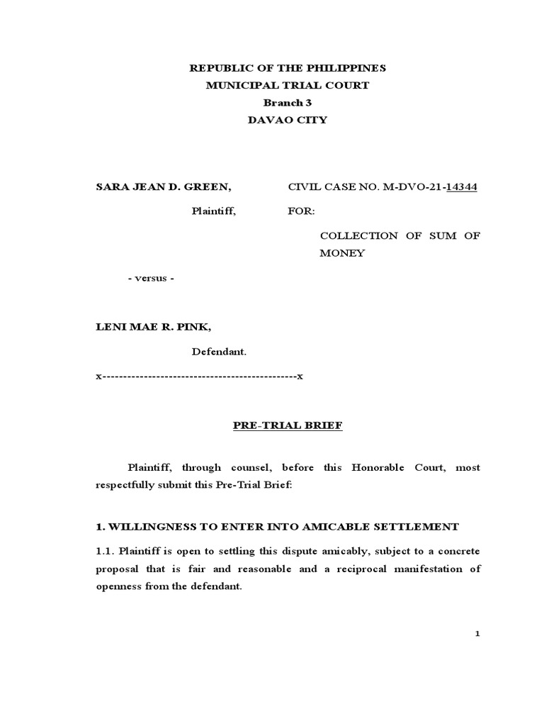 Pre Trial Brief Sample Plaintiff A1 | PDF | Discovery (Law ...