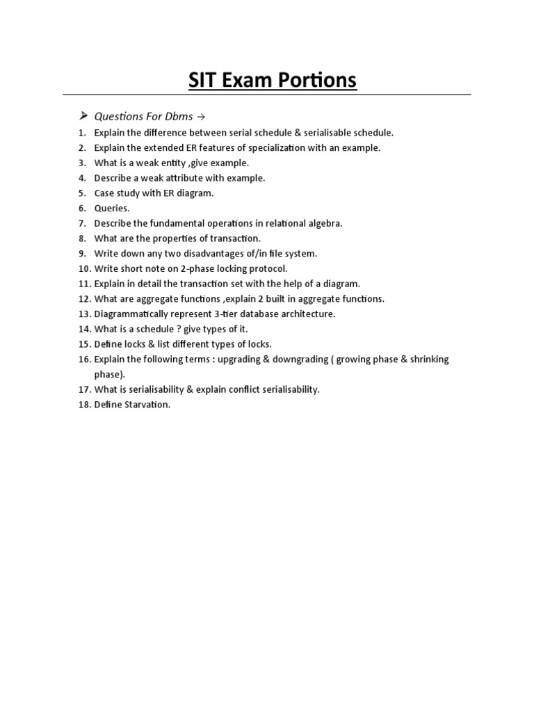 SIT Exam Portions: Questions For Dbms | PDF | Computer Network | Method ...
