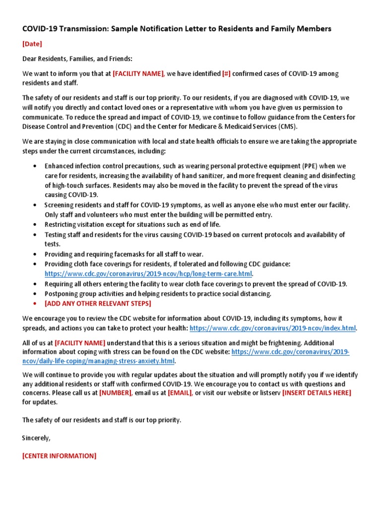 Sample Notification Letter To Residents and Families COVID 19 ...