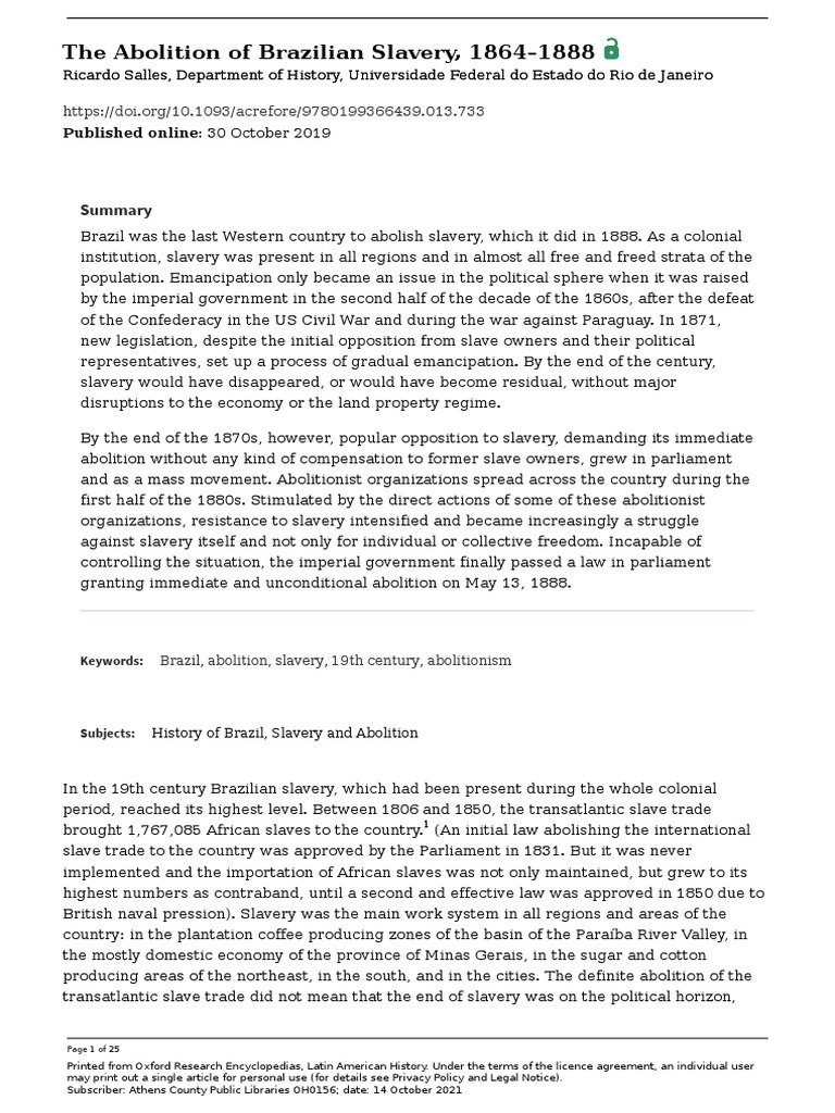 The Abolition of Brazilian Slavery 1864-1888 | PDF | Abolitionism ...