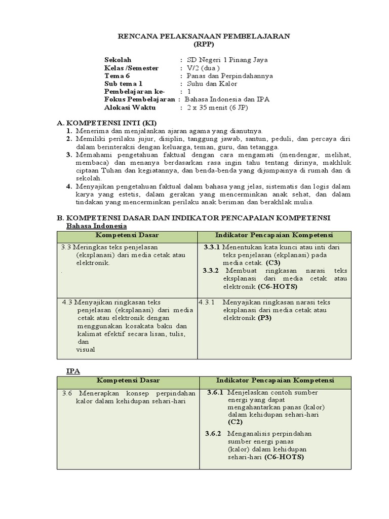 RPP Kelas 5: Suhu dan Kalor | PDF | Sains & Matematika