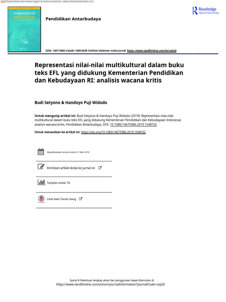 Representasi Nilai-Nilai Multikultural Dalam Buku Teks EFL Yang Didukung Kementerian Pendidikan ...
