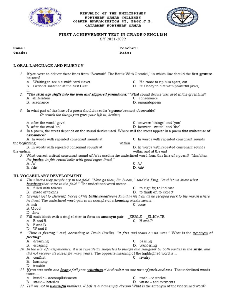 1st Achievement Test - English 9 | PDF | Epic Poetry | Punctuation