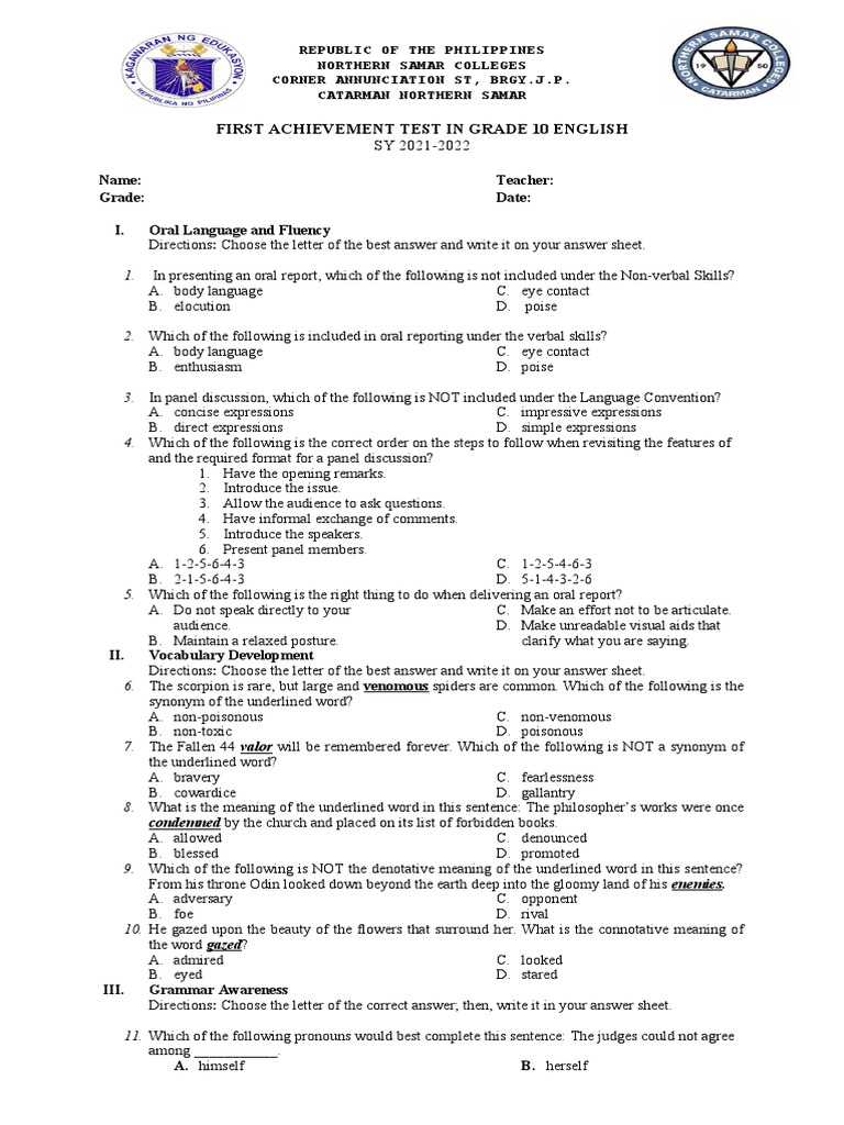 1st Achievement Test - English 10 | PDF | Agamemnon | Hades