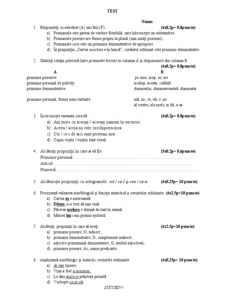 TEST PRONUME - A VI-a | PDF