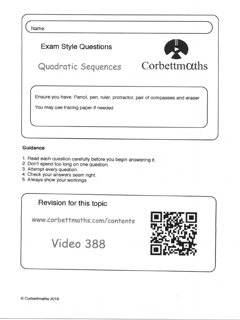 Quadratic Sequences Answers Pdf