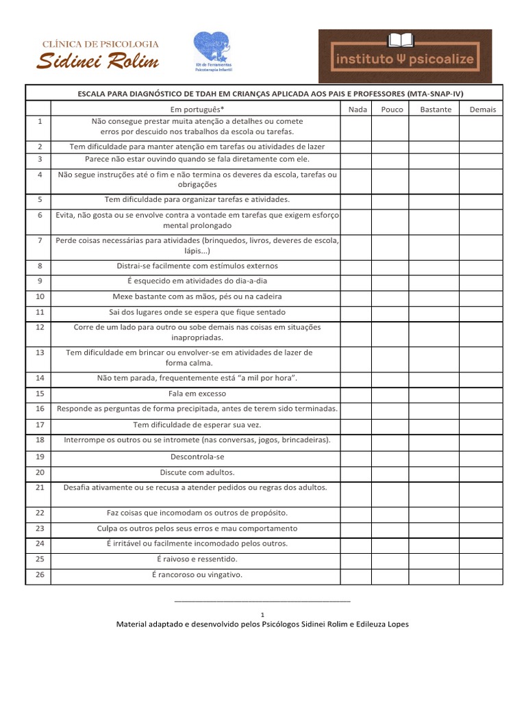 I02. Investigação de TDAH (SNAP-IV) | PDF | Manual Diagnóstico e ...