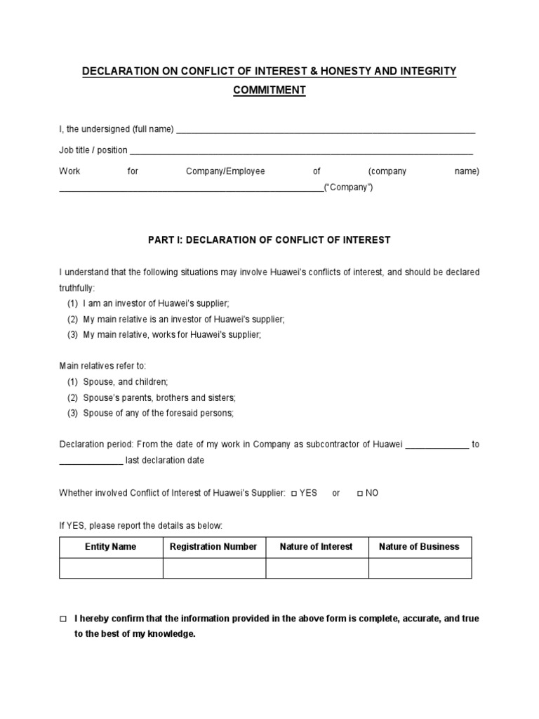 Declaration On Conflict of Interest HIA Commitment For Outsourced ...