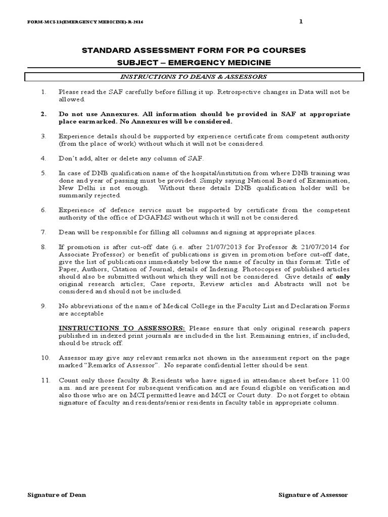 Standard Assessment Form: Emergency Medicine | PDF | Emergency ...