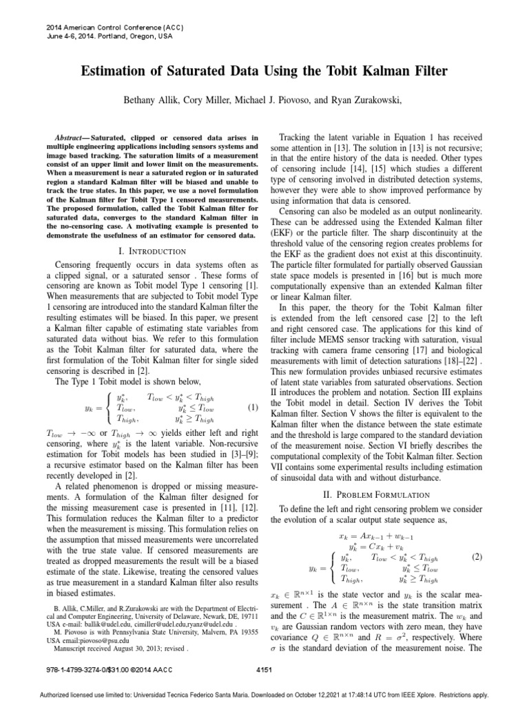 Estimation of Saturated Data Using The Tobit Kalman Filter | PDF ...