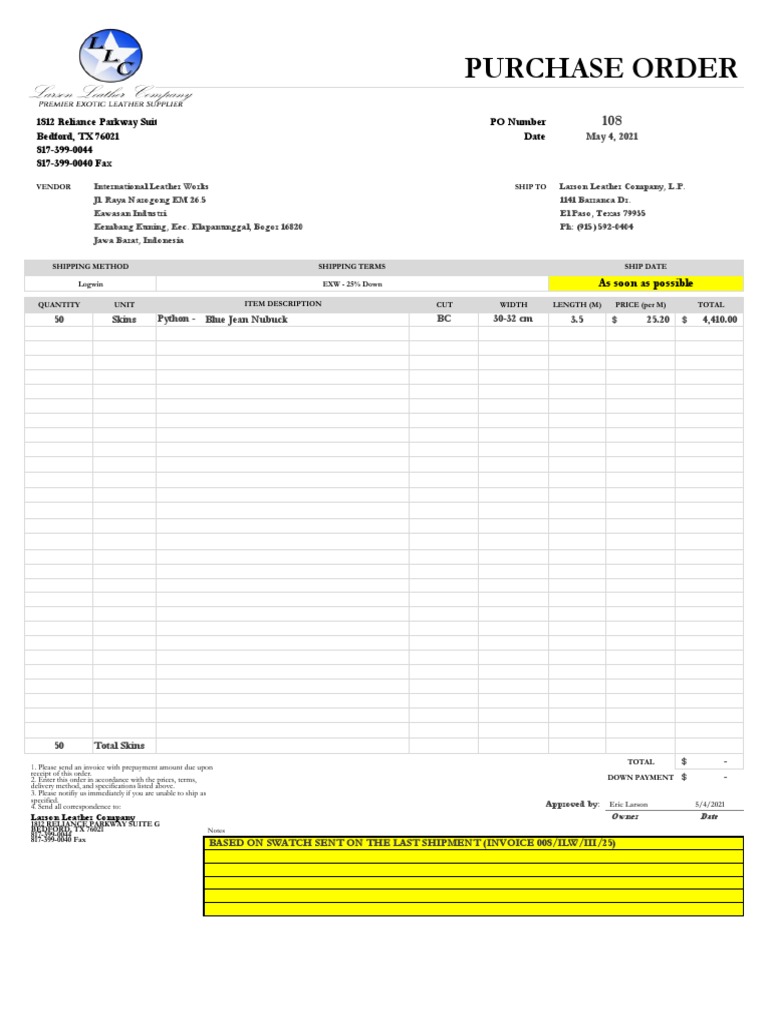 Purchase Order: PO Number Date 817-399-0044 1812 Reliance Parkway Suite ...