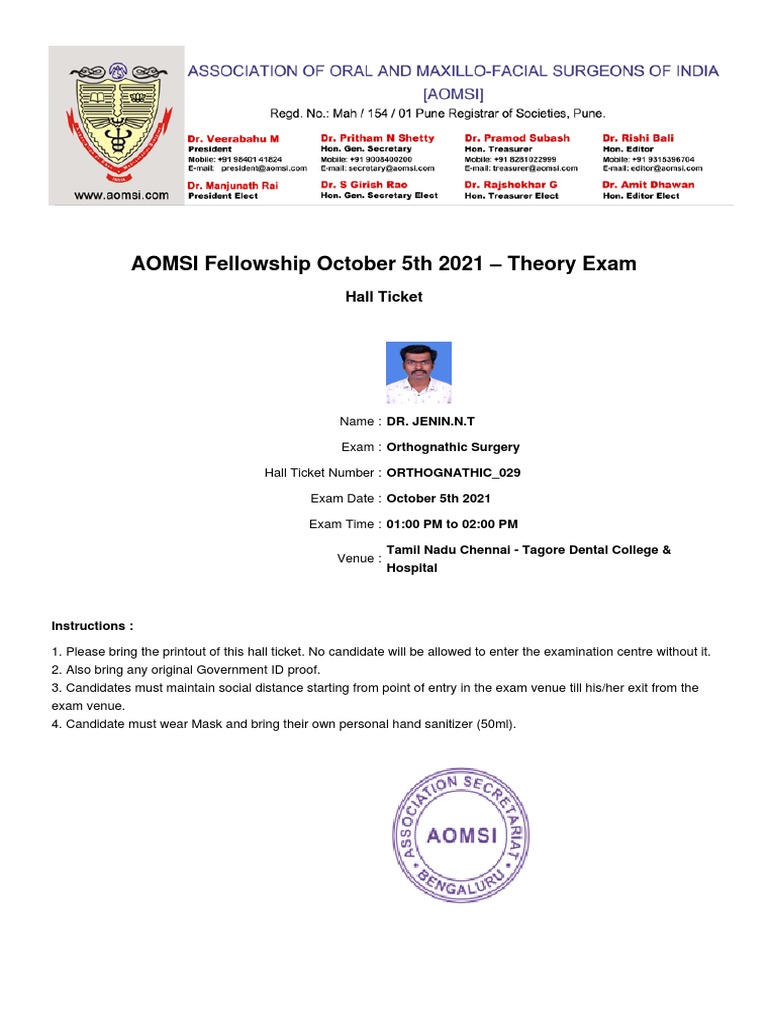 AOMSI Fellowship October 5th 2021 - Theory Exam: Hall Ticket | PDF
