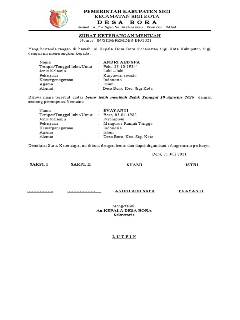 Surat Keterangan Menikah Desa Bora | PDF