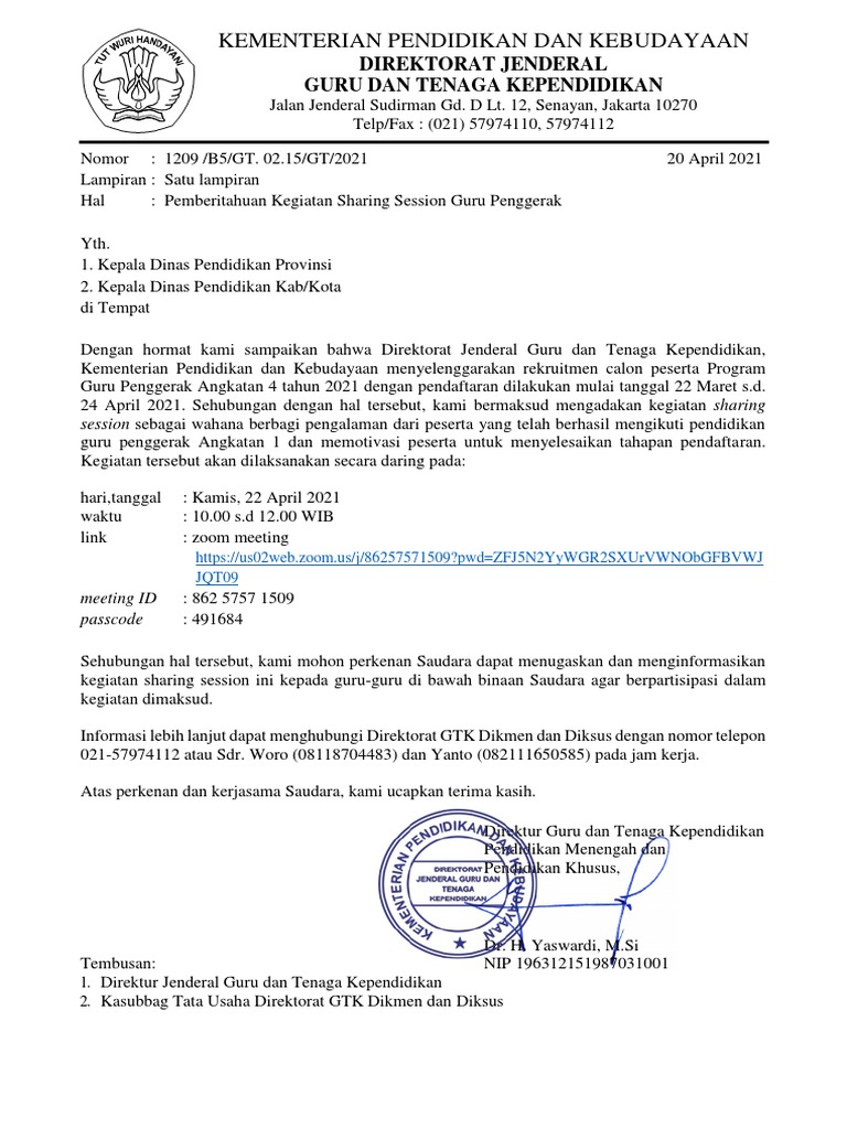 1209 - Surat Undangan Sharing Session Guru Penggerak Angkatan 4 | PDF