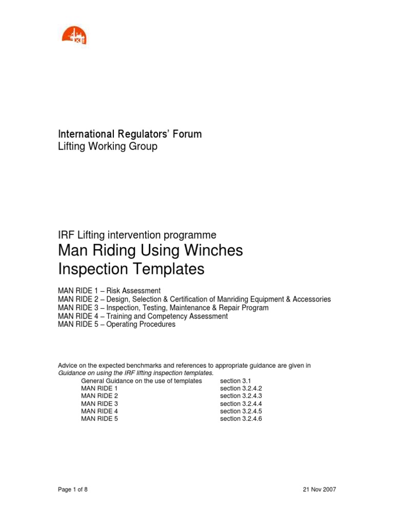 IRF Lifting Templates Guide Man Riding Procedures | PDF | Risk ...