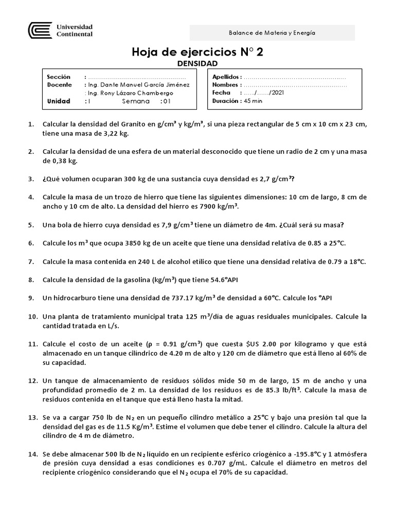 Semana01 - Hoja de Ejercicios 2 DENSIDAD | PDF | Densidad | Agua