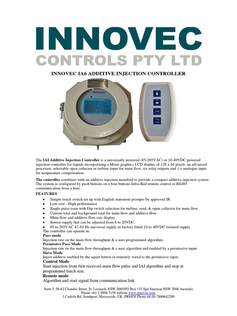 Additive Injector Model IA6 Data Sheet V0 | PDF | Relay | Switch