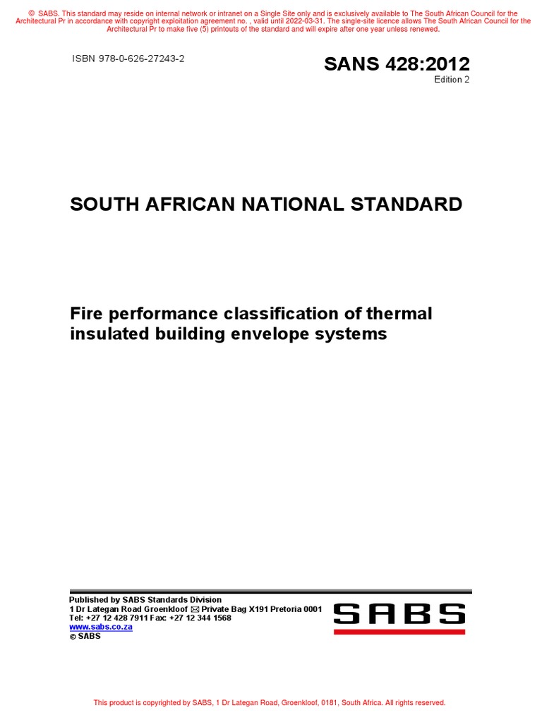 SANS 428 Fire Performance Classification of Thermal Insulated Building ...