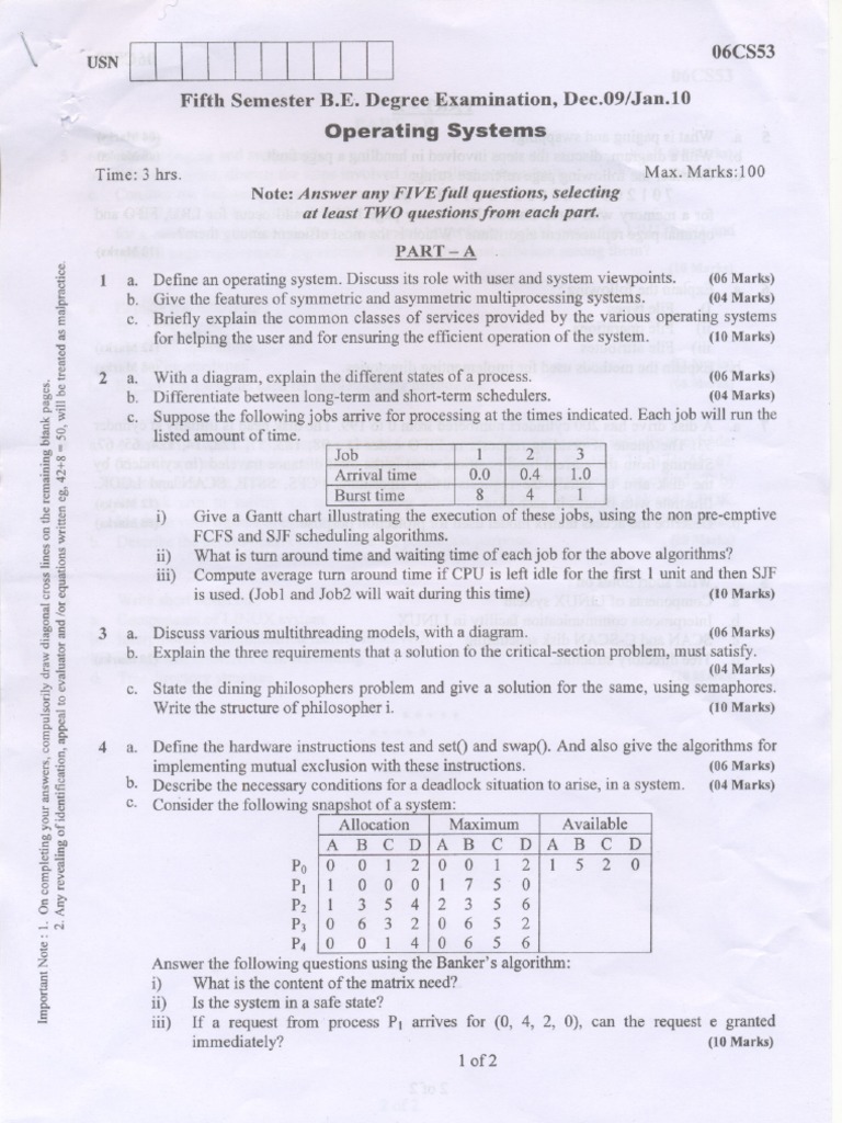 Operating Systems: 06CS53 Fifth Semester B.E. Degree Examination, Dec ...