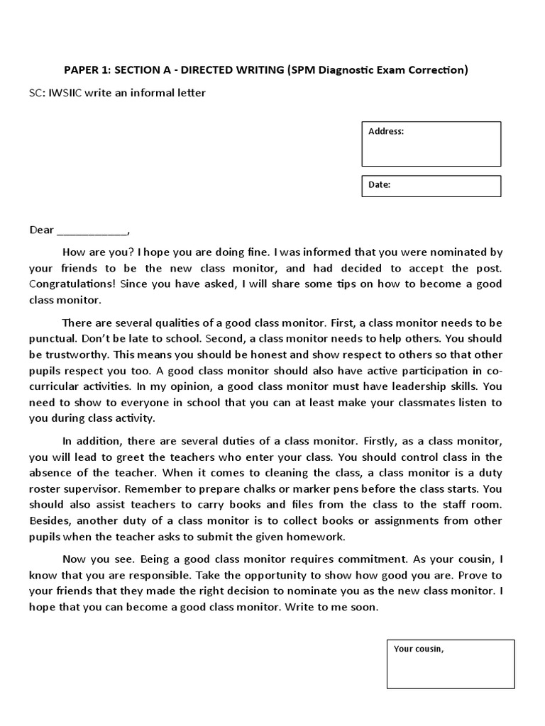 Informal Letter - Class Monitor | PDF