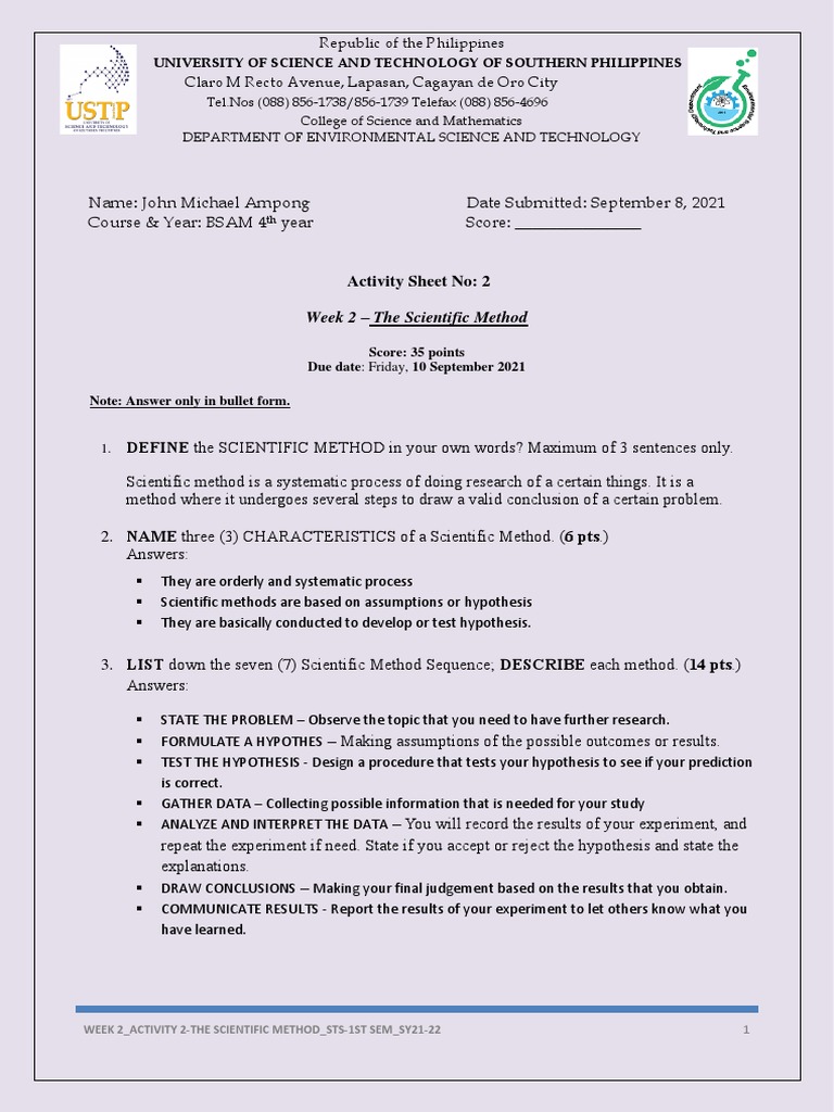 Week 2 - The Scientific Method: DEFINE The SCIENTIFIC METHOD in Your ...