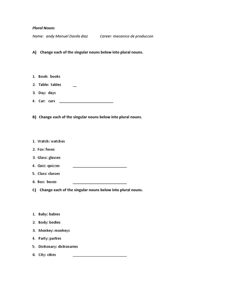 A) Change Each of The Singular Nouns Below Into Plural Nouns | PDF