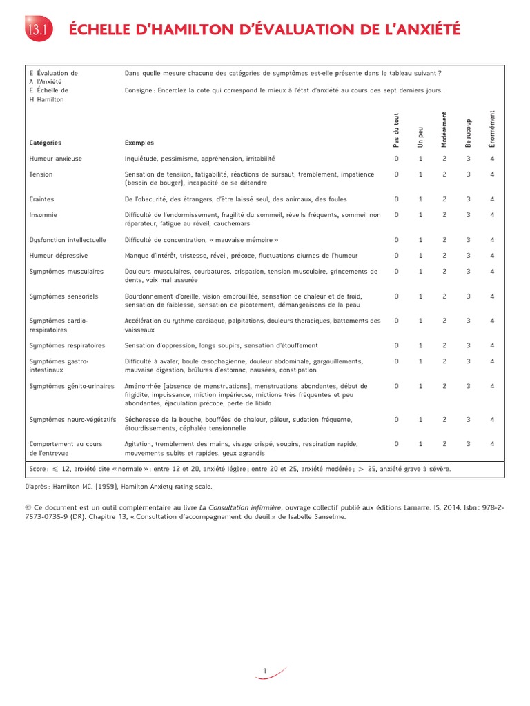 Échelle D'hamilton D'évaluation de L'anxiété | PDF | Anxiété ...