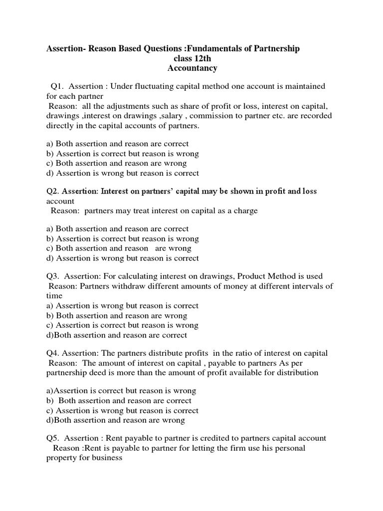 Assertion-Reason Based Questions:Fundamentals of Partnership Class 12th ... Assertion-Reason Based Questions:Fundamentals of Partnership Class 12th ...