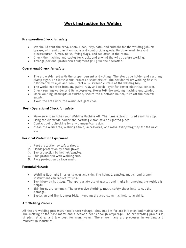 Work Instruction For Welder: Pre-Operation Check For Safety | PDF ...