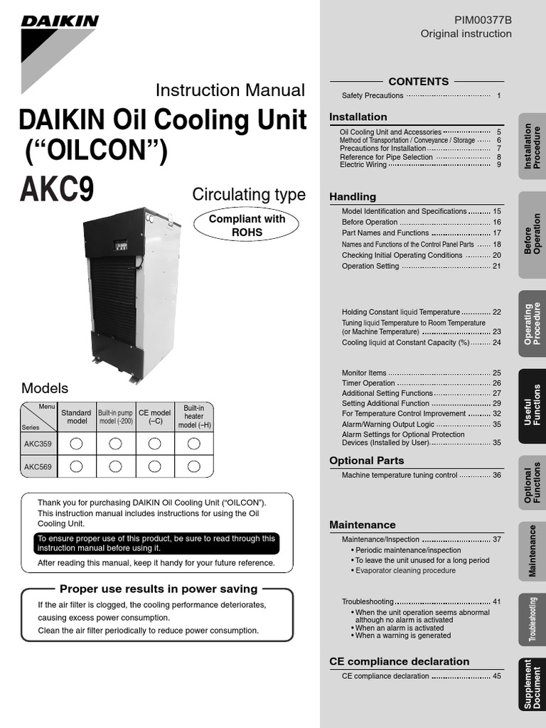 DAIKIN Oil Cooling Unit ("OILCON") : Instruction Manual | PDF | Pump ...