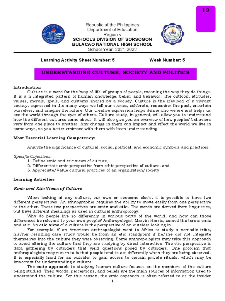 Understanding Culture, Society and Politics: Schools Division of ...