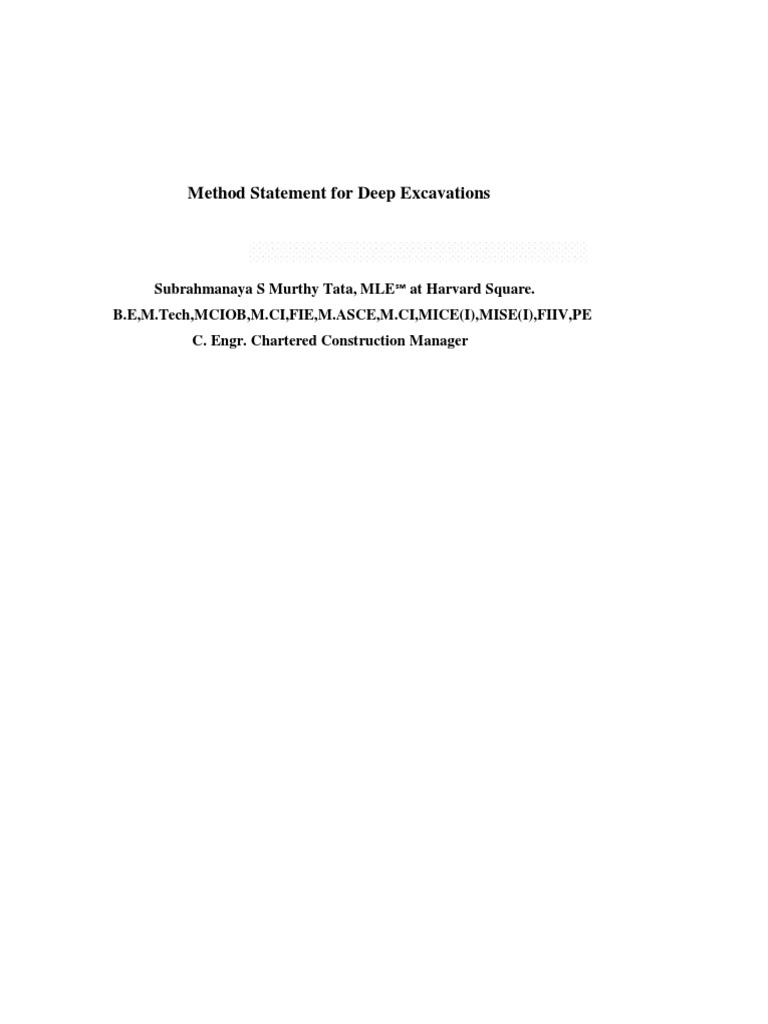 METHOD STATEMENT FOR DEEP EXCXVATIONS-Subrahmanaya S Murthy | PDF ...