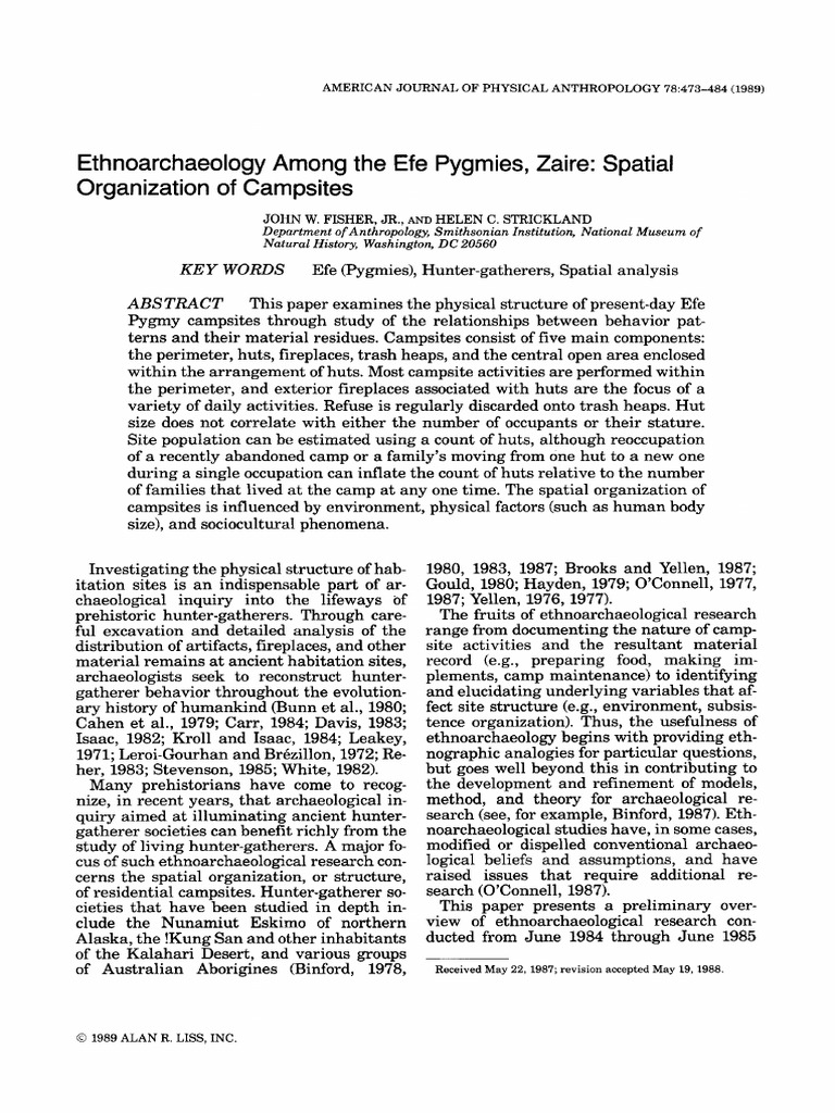 Ethnoarchaeology Among The Efe Pygmies, Zaire: Spatial Organization of ...