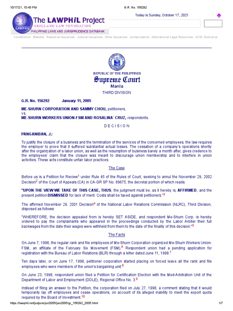 Unfair Labor Practice Case: Me-Shurn Corp. vs. Workers Union | PDF ...
