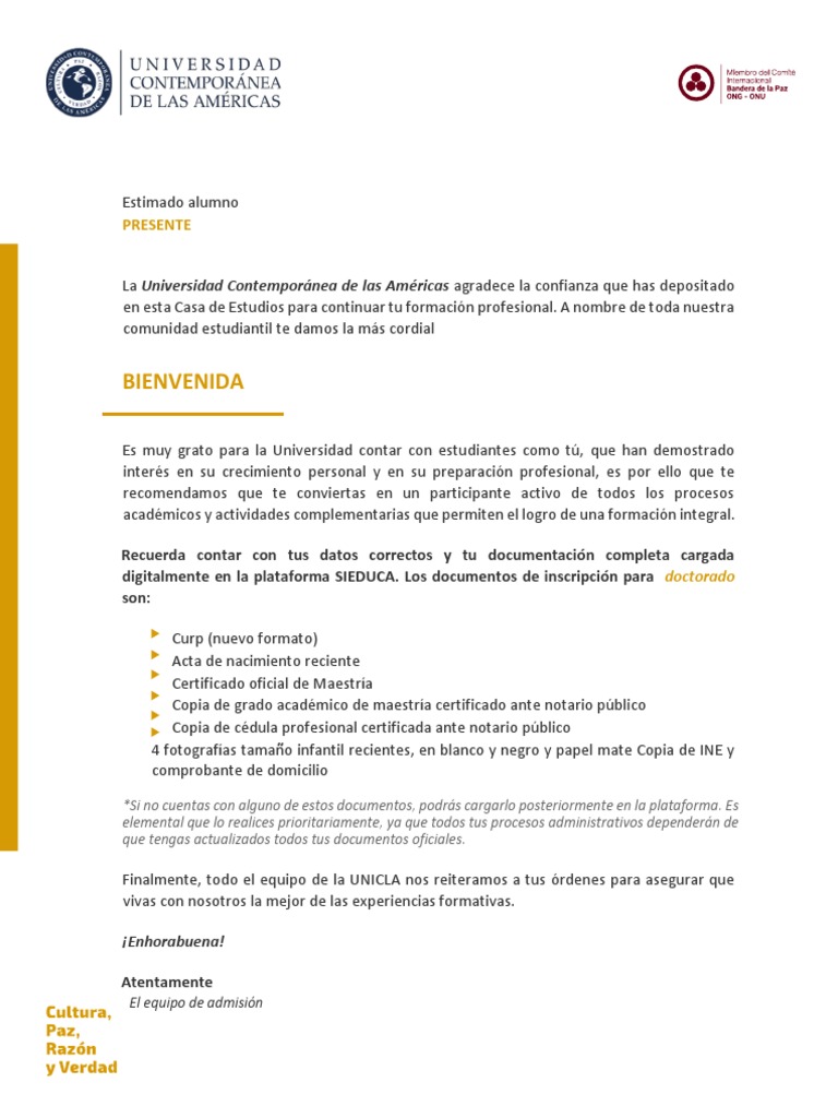 Carta Bienvenida Doctorados | PDF
