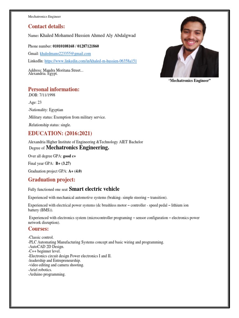 CV Eng - Khaled Abdelgawad | PDF | Mechatronics | Engineer