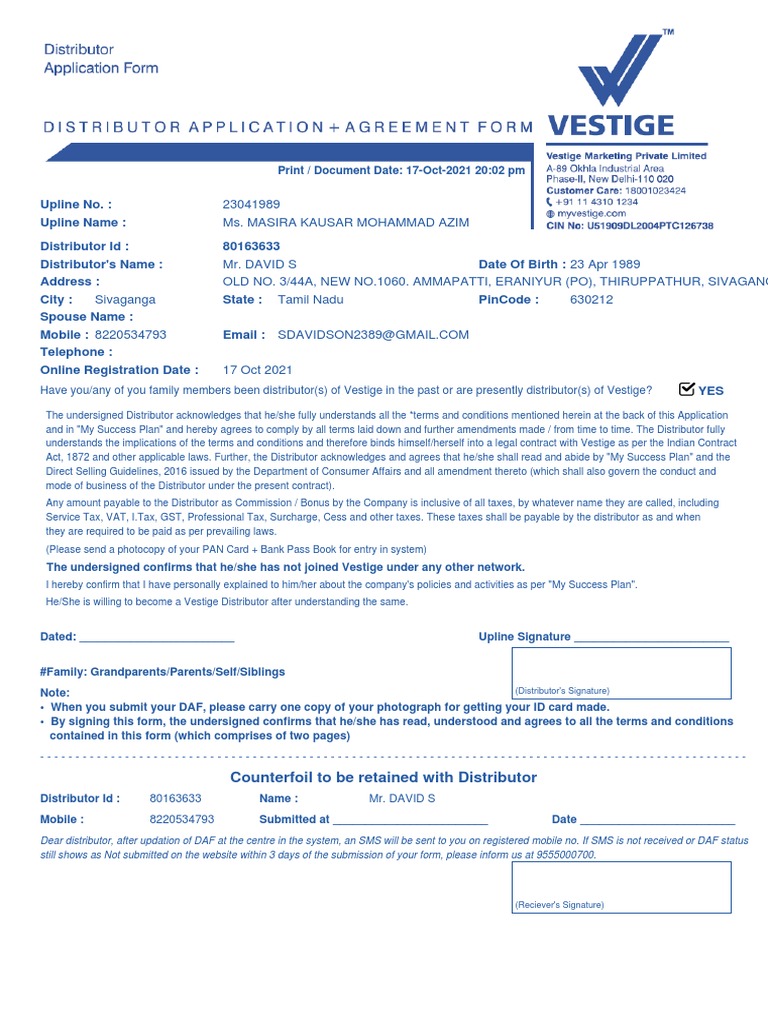 Vestige Distributor Agreement Form | PDF | Value Added Tax | Justice