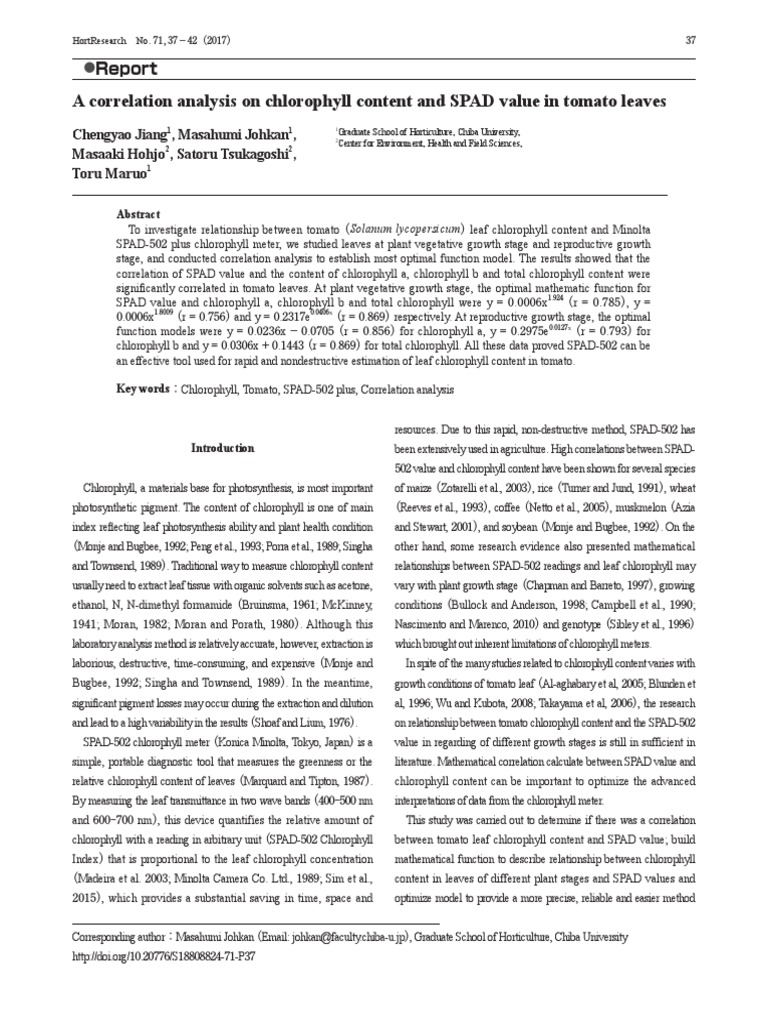 A Correlation Analysis On Chlorophyll Content and SPAD Value in Tomato Leaves | PDF ...