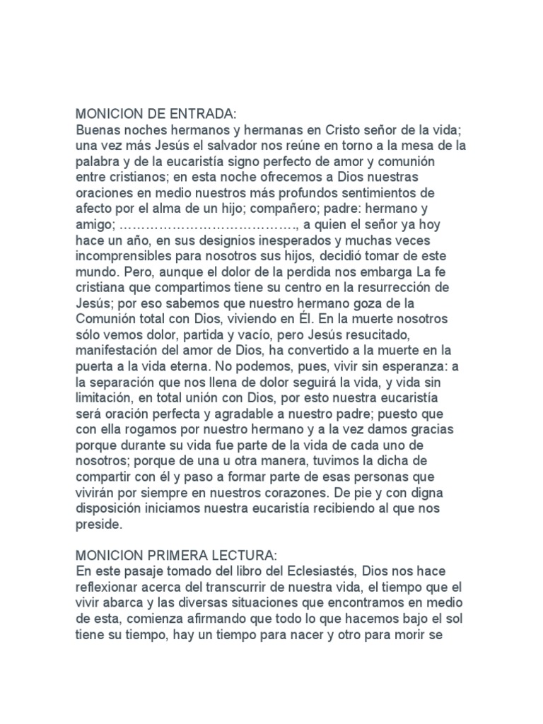 Fallecimiento Monicion de Entrada | PDF | eucaristía | Misa (liturgia)