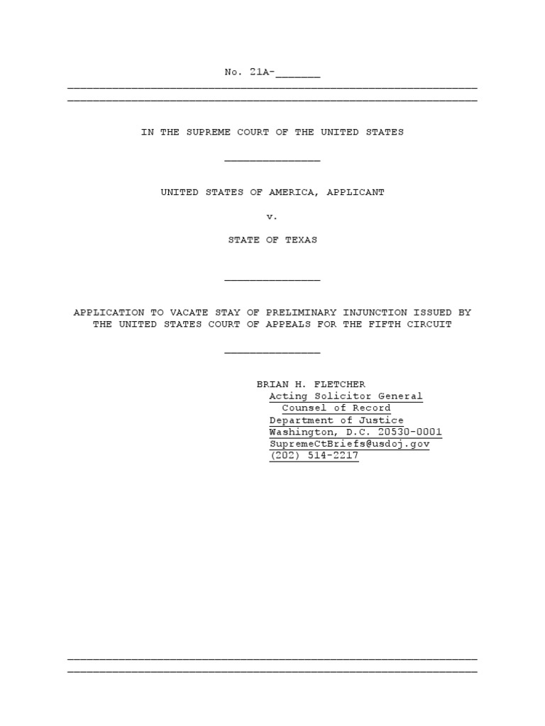 U.S. v. Texas Application To Vacate Stay | PDF | Ex Parte Young | Lawsuit