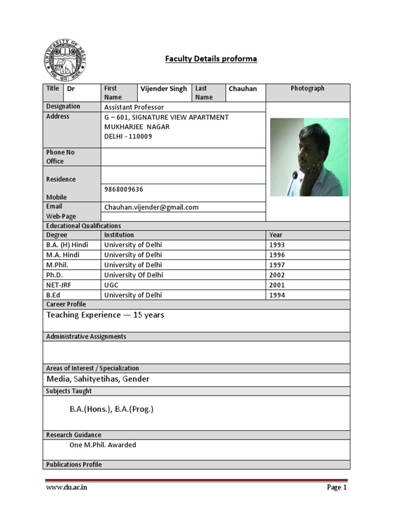 Faculty Details Proforma: DR Vijender Singh Chauhan | PDF | Educational Assessment And ...