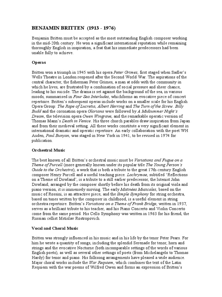 BENJAMIN BRITTEN (1913 - 1976) : Operas | PDF | Cello | Classical Music